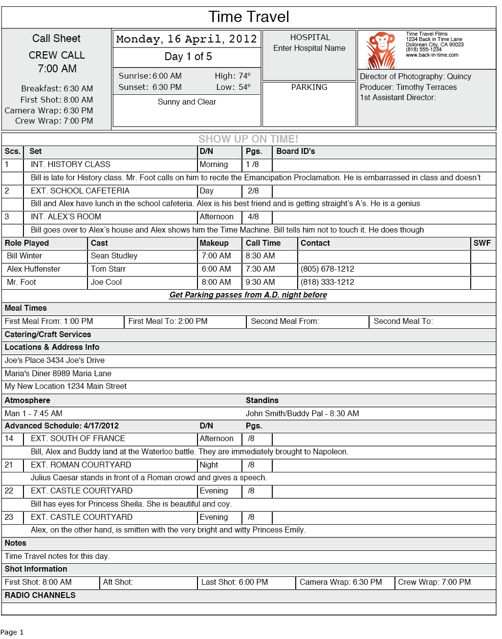 Exle Call Sheet Makeup Artist Mugeek Vidalondon